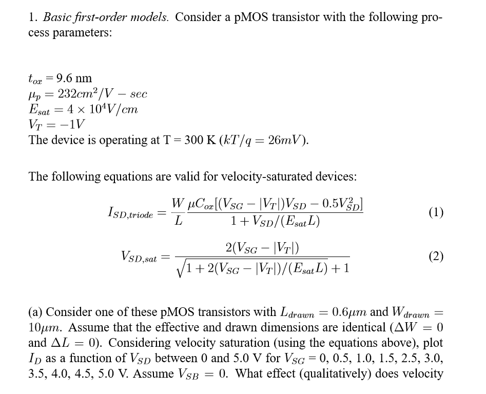 1. Basic first-order models. Consider a PMOS | Chegg.com