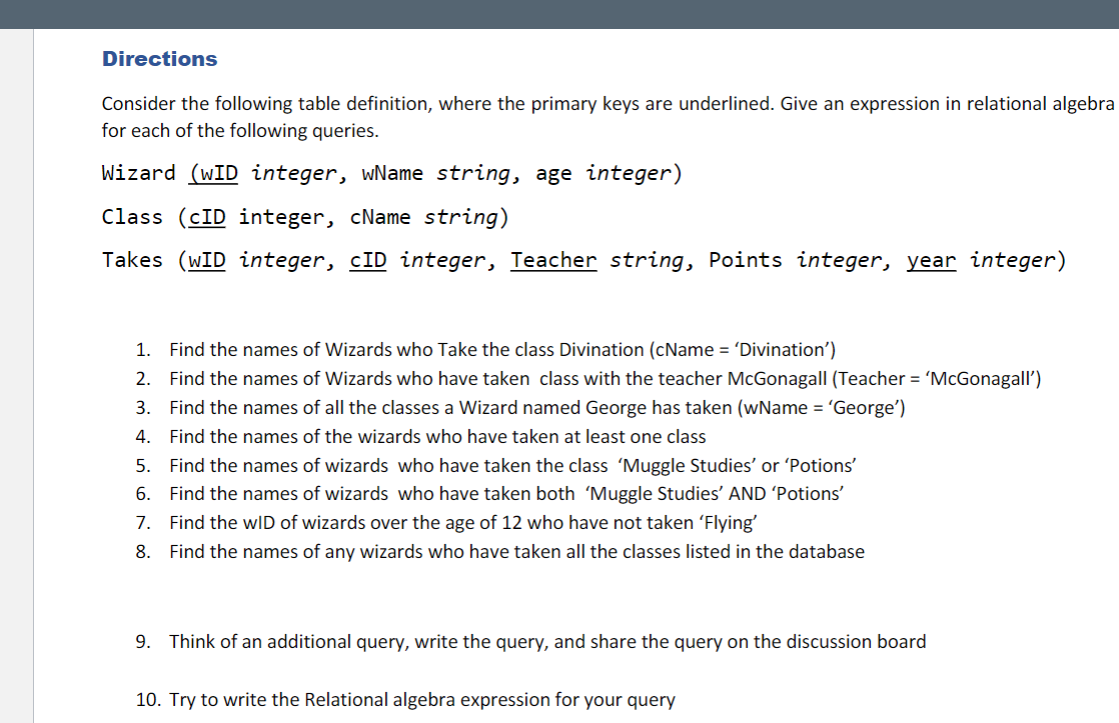 Solved Directions Consider the following table definition, | Chegg.com