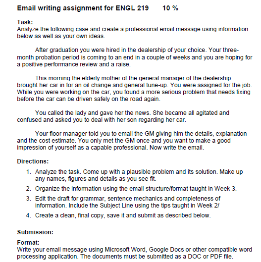 Solved Email writing assignment for ENGL 219 10 % Task: | Chegg.com