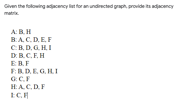 Solved Given the following adjacency list for an undirected | Chegg.com