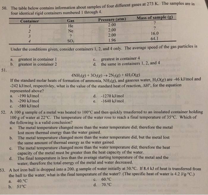 Solved he table below contains information about samples of | Chegg.com