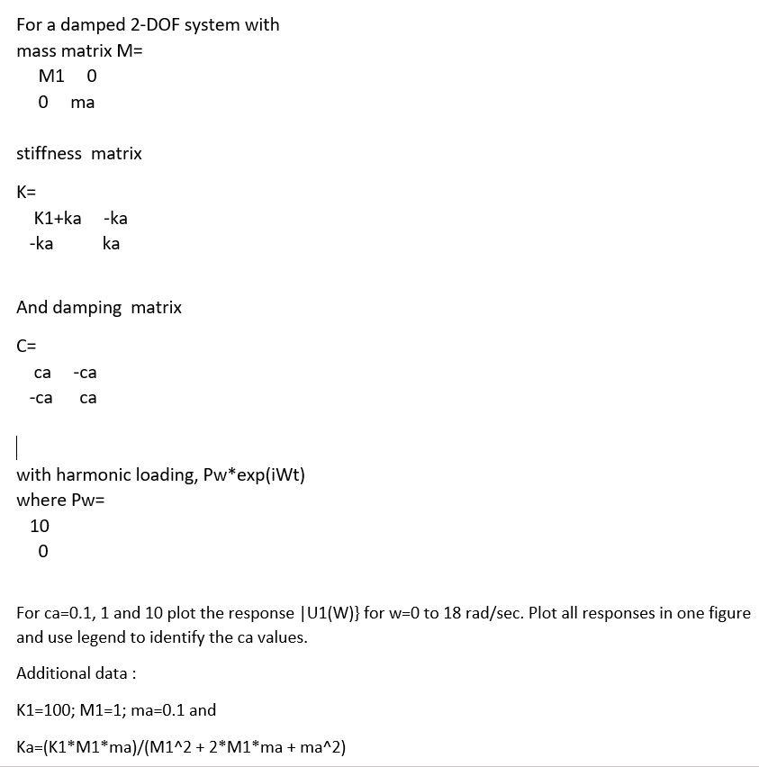 For a damped 2-DOF system with mass matrix M= M1 00 | Chegg.com