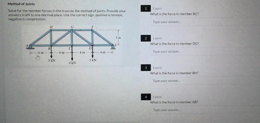 Solved Method of Joints 1 1 point Solve for the member | Chegg.com