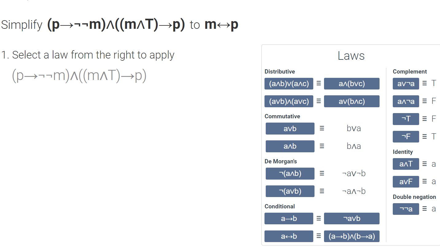 Solved Simplify ( pm)^((MAT)-p) to mp Laws 1. Select a law | Chegg.com