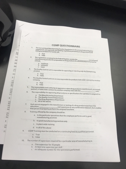 CGMP QUESTIONNAIRE The Current Good Manufacturing | Chegg.com