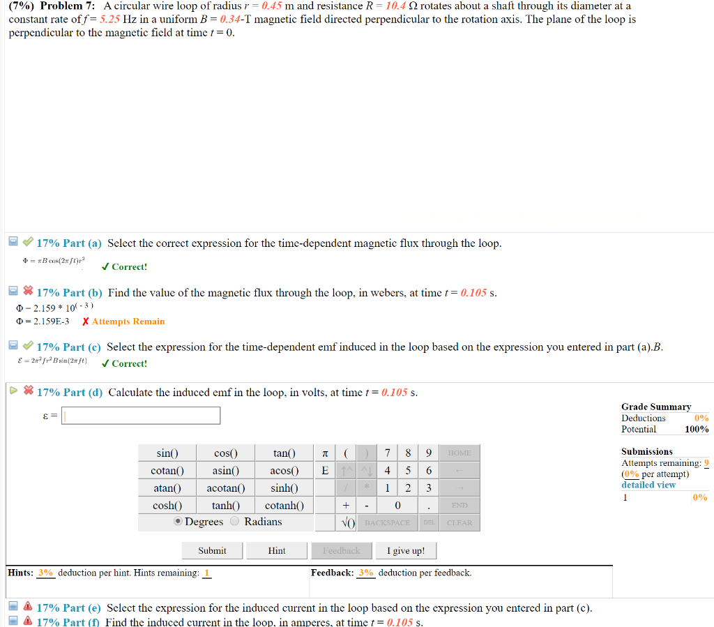 Solved (7%) Problem 7: A circular wire loop of radius r=0.45 | Chegg.com