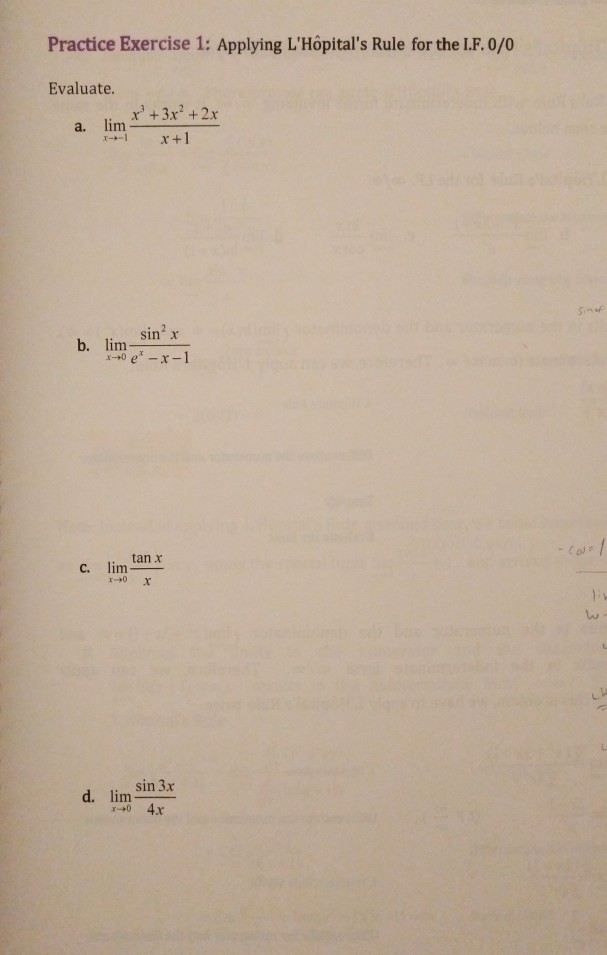 Solved Practice Exercise 1: Applying L'Hopital's Rule for | Chegg.com