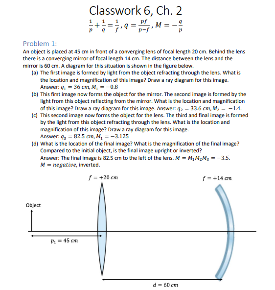 Solved Classwork 6, Ch. 2 p1+q1=f1,q=p−fpf,M=−pq Problem 1: | Chegg.com