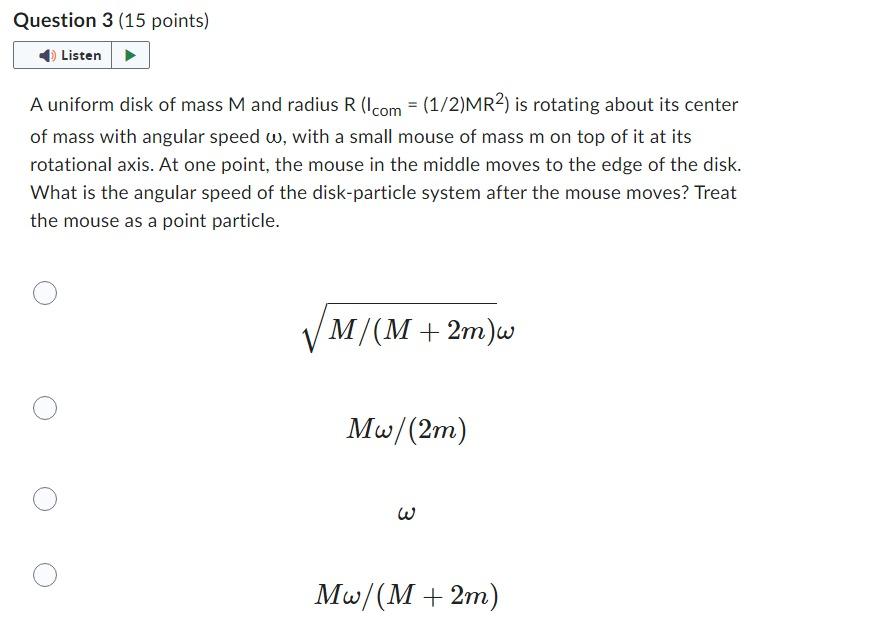 Solved A uniform disk of mass M and radius R(Icom =(1/2)MR2) | Chegg.com