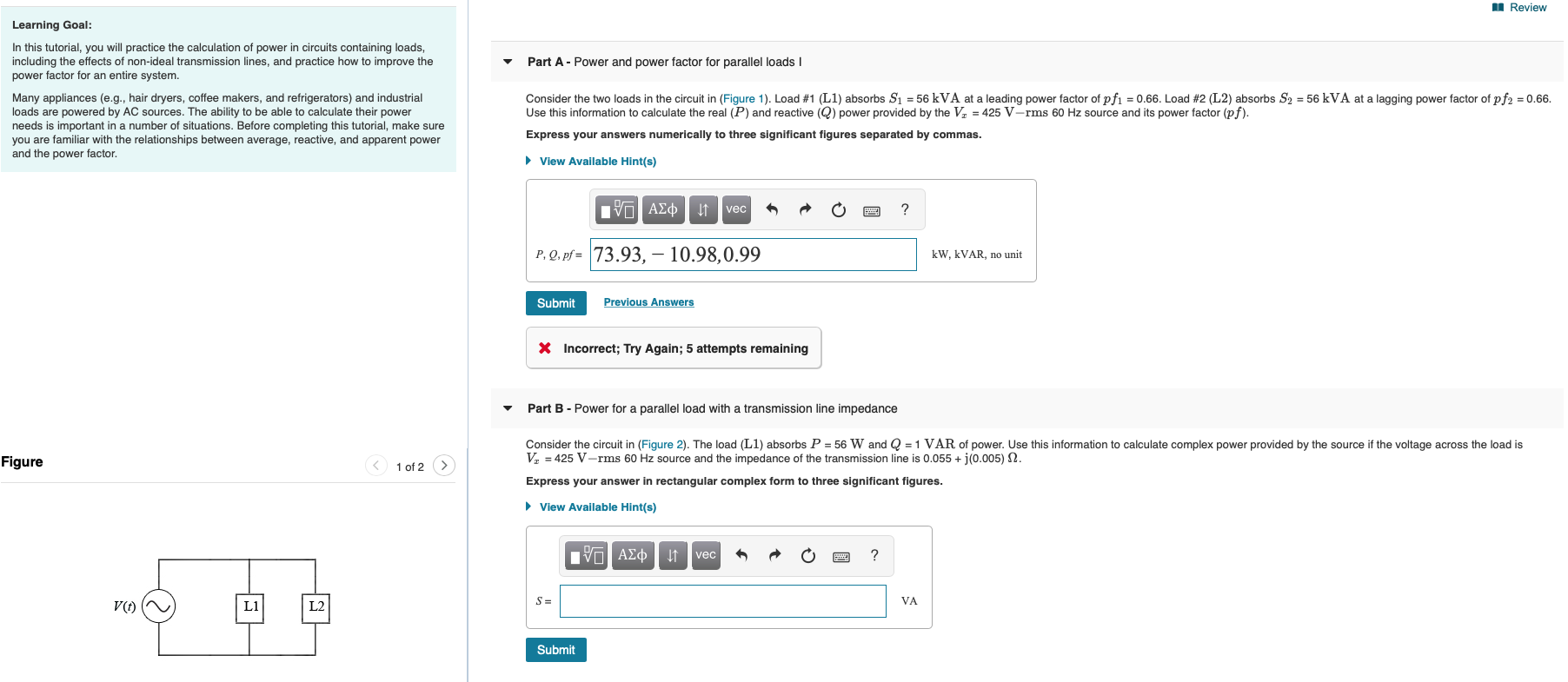 Solved Review Part A - Power and power factor for parallel | Chegg.com