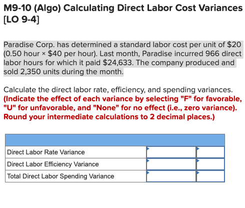Solved M9-10 (Algo) Calculating Direct Labor Cost Variances | Chegg.com