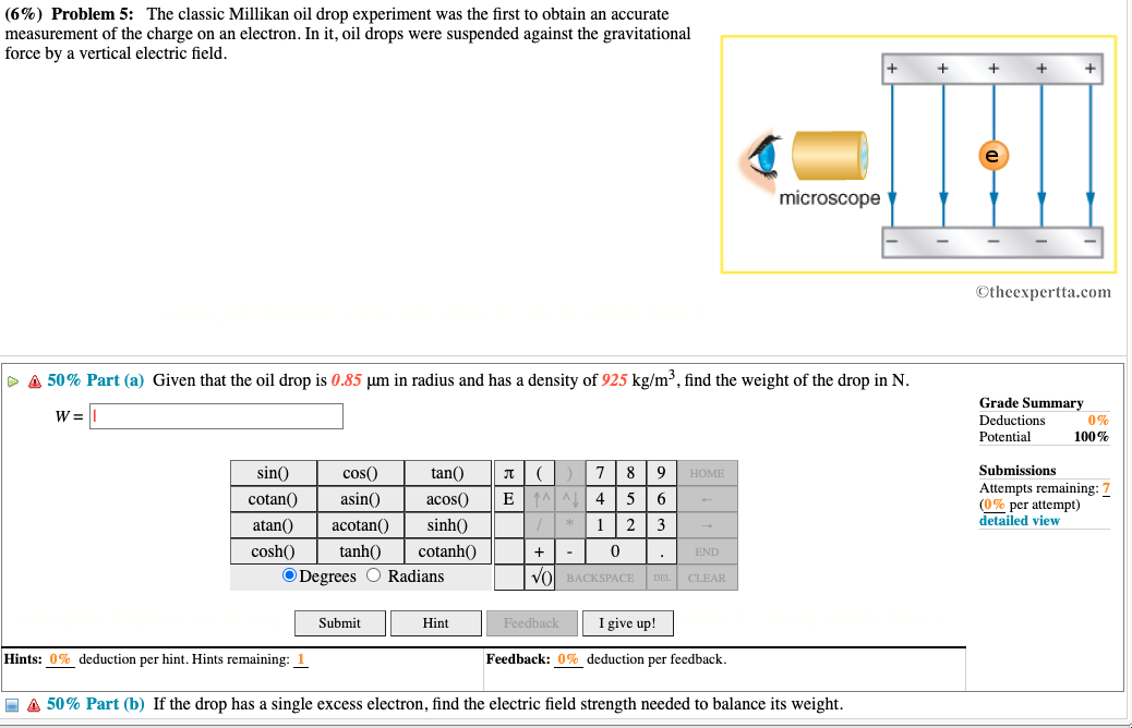 Solved (6\%) Problem 5: The classic Millikan oil drop | Chegg.com