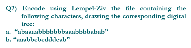 Solved Q2) Encode using Lempel-Ziv the file containing the | Chegg.com