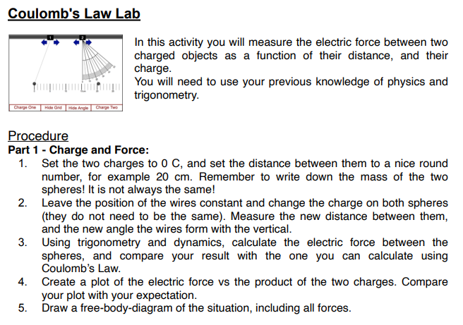 Coulomb's Law Lab In this activity you will measure | Chegg.com