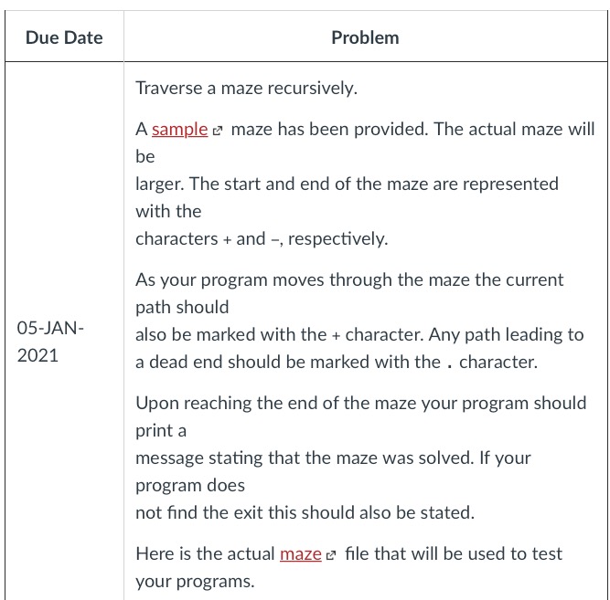 Due Date Problem Traverse a maze recursively. A | Chegg.com