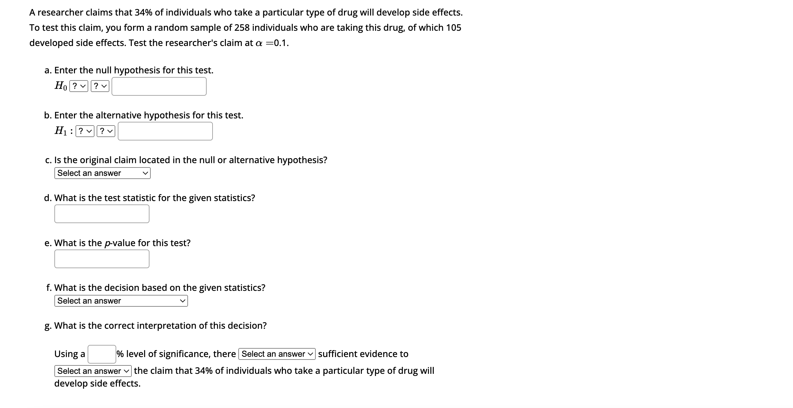Solved A researcher claims that 34% of individuals who take | Chegg.com