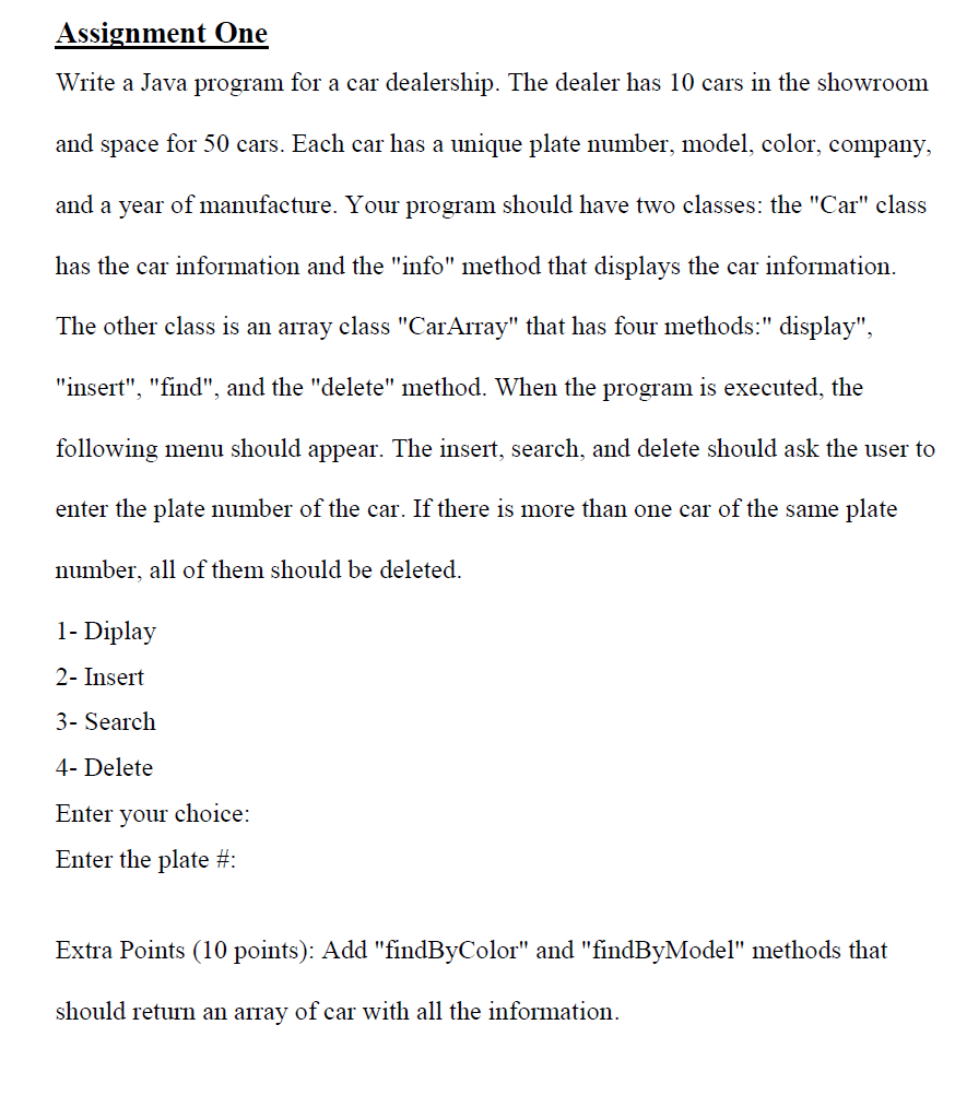 Solved Assignment One Write a Java program for a car | Chegg.com