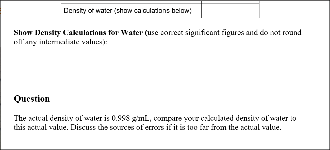 Solved Table 4: Volume and density of water (with proper | Chegg.com