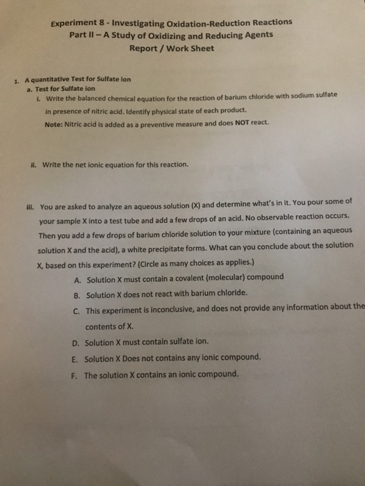Solved Experiment 8 - Investigating Oxidation-Reduction | Chegg.com