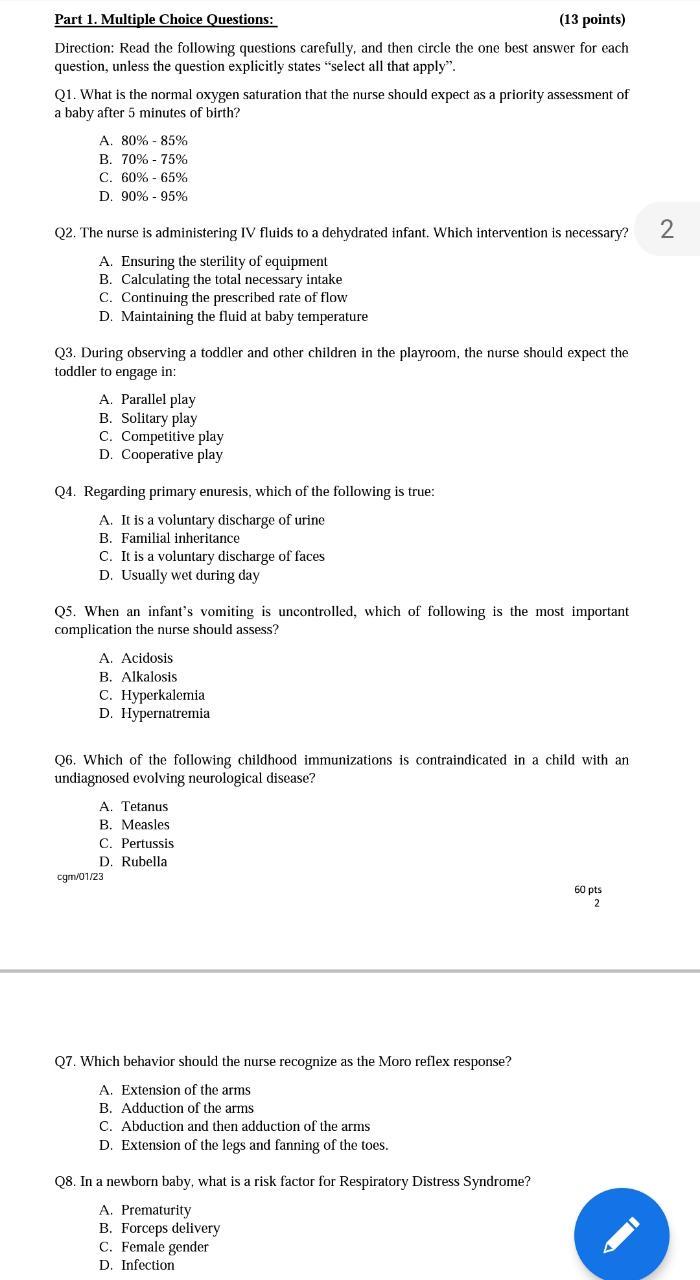 Solved Part 1. Multiple Choice Questions: (13 points) | Chegg.com