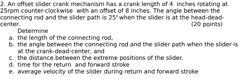 Solved 2. An offset slider crank mechanism has a crank | Chegg.com