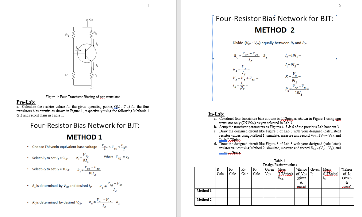 Solved Four-Resistor Bias Network for BJT: METHOD 2 R Divide | Chegg.com