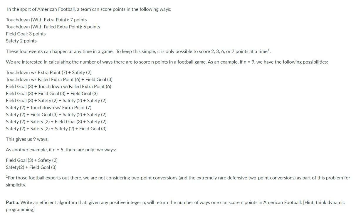 Solved In the sport of American Football, a team can score | Chegg.com