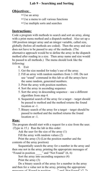 Lab 9 Searching And Sorting Objectives Use An Array