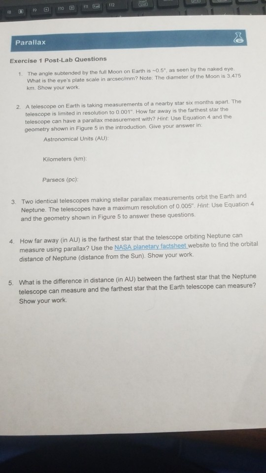 Solved 180 Hob 1 Parallax Exercise 1 Post Lab Questions 1 
