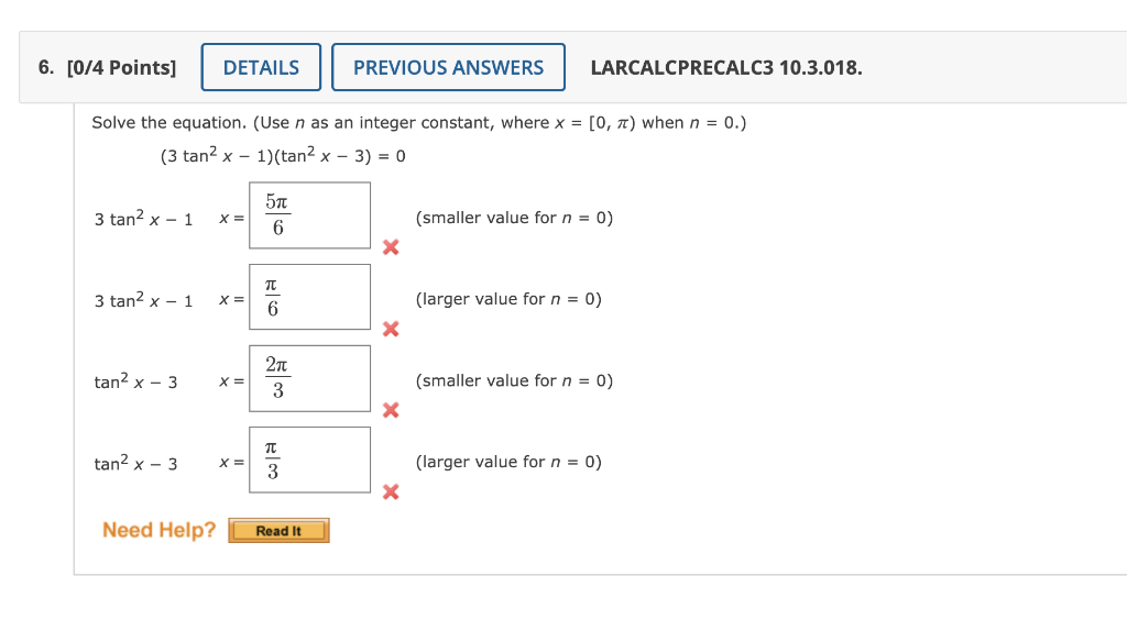Solved Solve the equation. (Use n as an integer constant, | Chegg.com