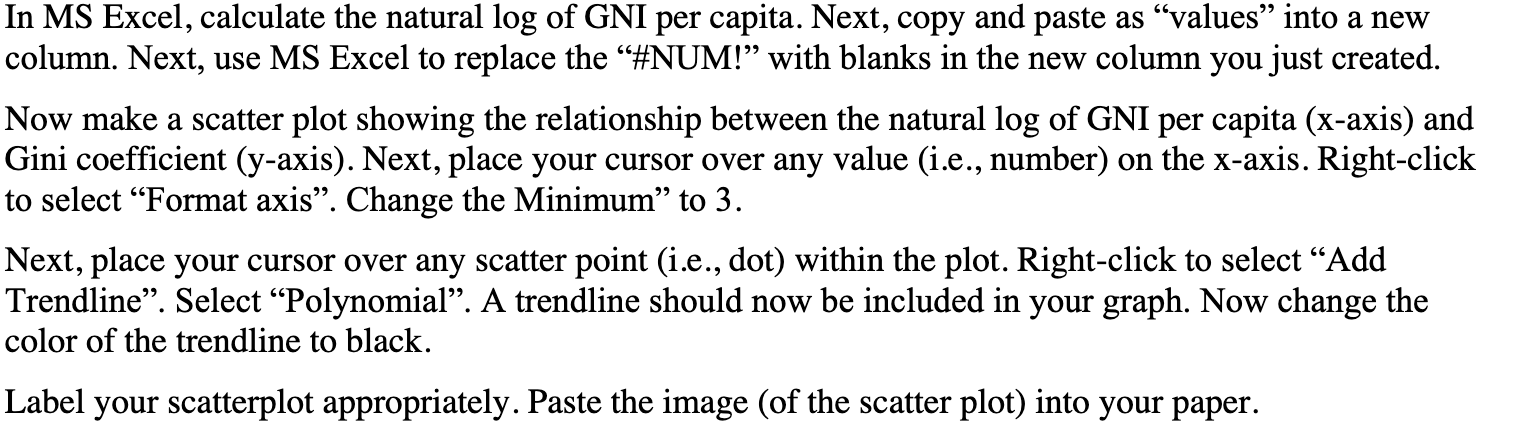 In MS Excel, calculate the natural log of GNI per | Chegg.com