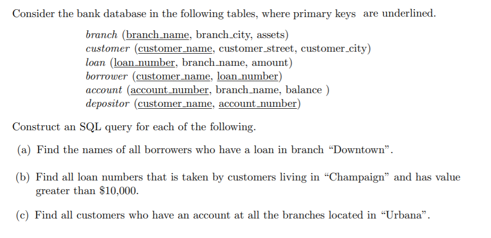 Solved Consider the bank database in the following tables, | Chegg.com