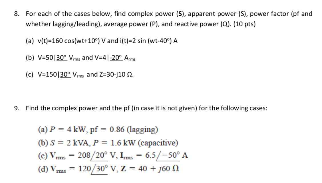 Solved 8. For each of the cases below, find complex power | Chegg.com