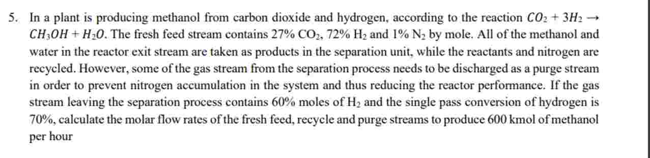 Solved In ﻿a plant is ﻿producing methanol from carbon | Chegg.com