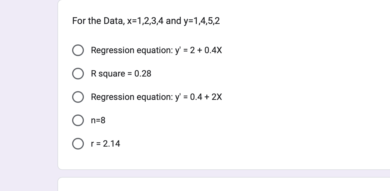 Solved For the Data, x=1,2,3,4 and y=1,4,5,2 Regression | Chegg.com