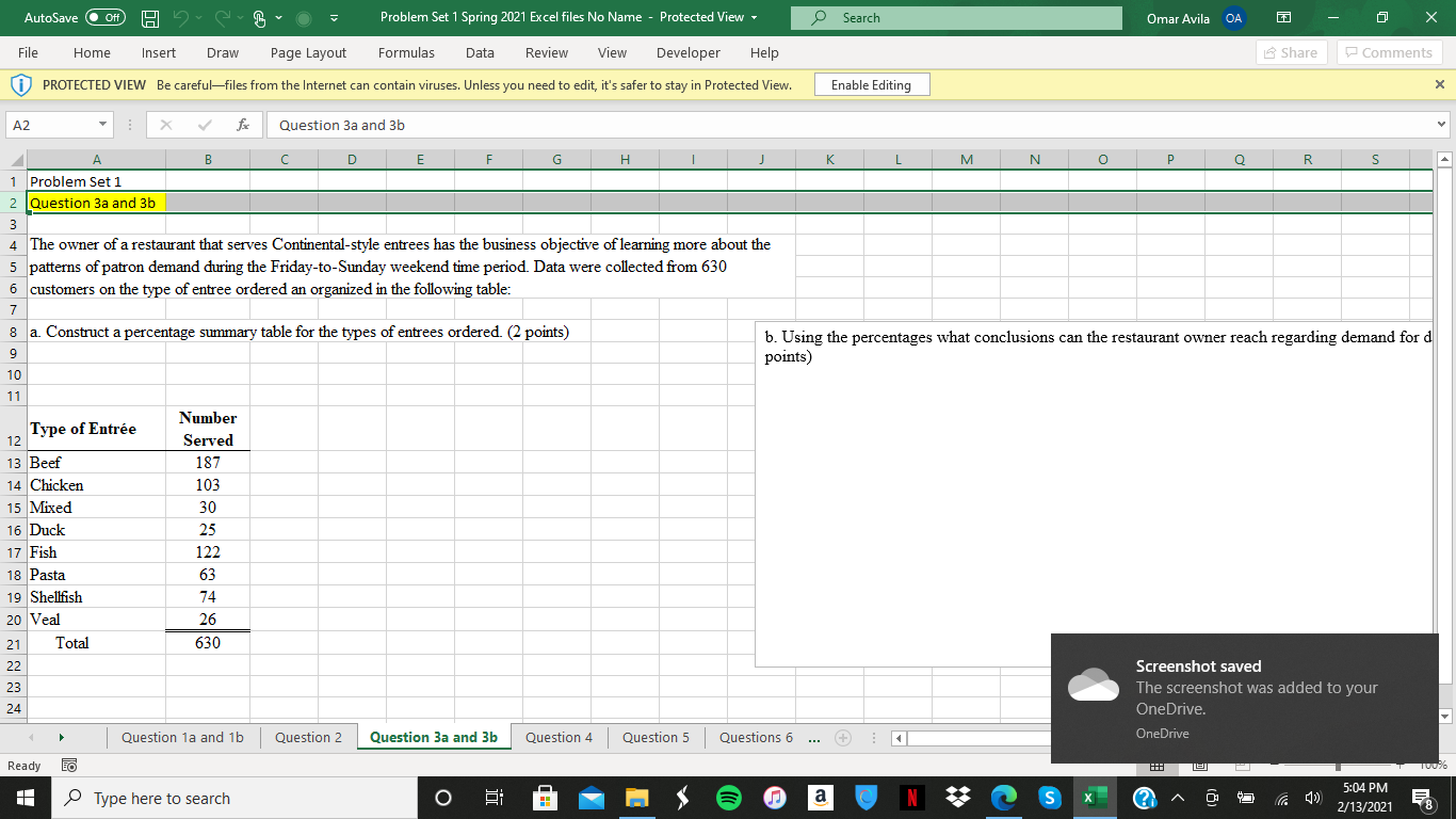 Solved AutoSave Off Have Problem Set 1 Spring 2021 Excel | Chegg.com