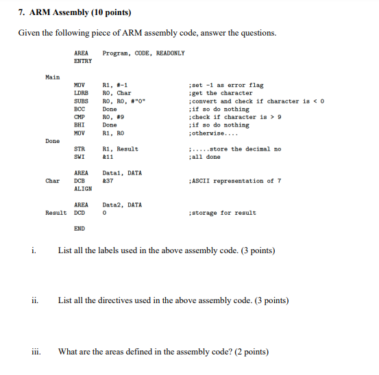 Solved 7. ARM Assembly (10 points) Given the following piece | Chegg.com