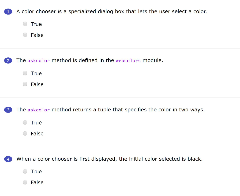 Solved 1 A color chooser is a specialized dialog box that | Chegg.com