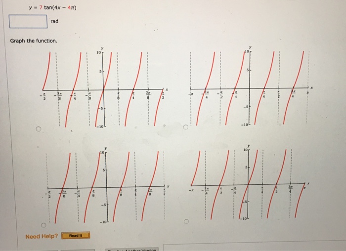 Solved y = 7 tan(4x-47) rad Graph the function. 10r -r 12 10 | Chegg.com