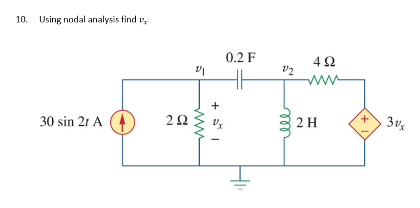 Solved 10. Using nodal analysis find vx 30 sin 2t A (4) 2 Ω | Chegg.com