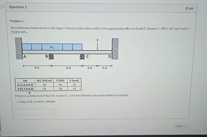 Solved > Question 1 10 pts Problem 1 The continuous beam | Chegg.com