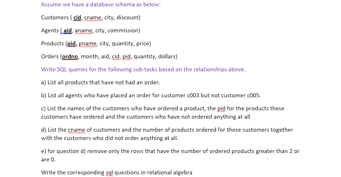 Assume we have a database schema as below: Customers | Chegg.com