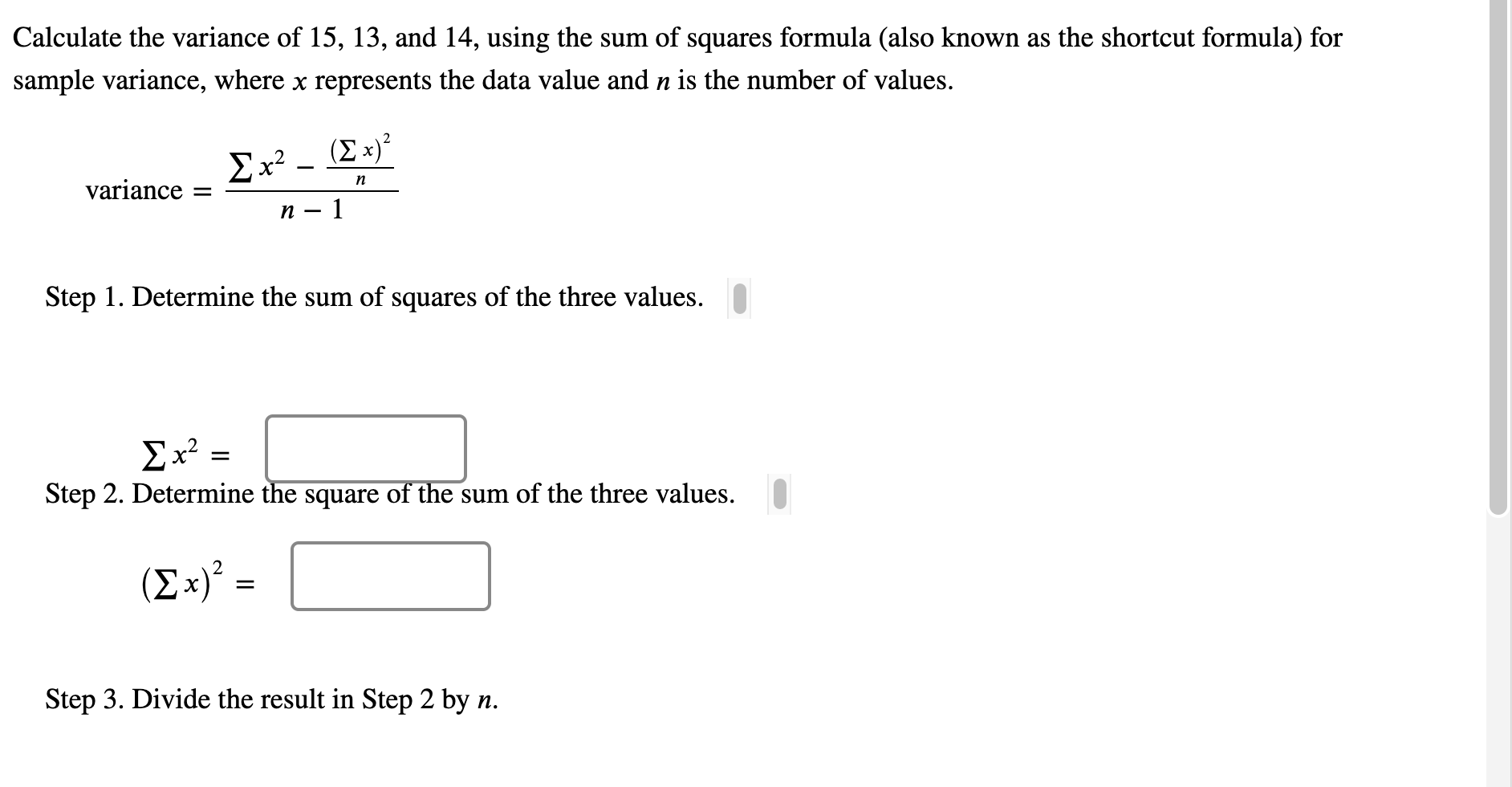 Solved Calculate the variance of 15, 13, and 14, using the | Chegg.com