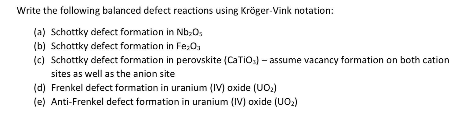 Solved Write The Following Balanced Defect Reactions Using