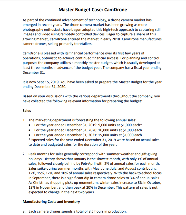 Solved Master Budget Case: CamDrone As part of the continued | Chegg.com