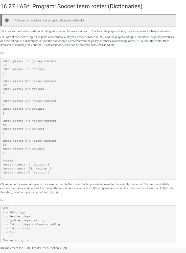 Solved 16.27 LAB*: Program: Soccer team roster | Chegg.com