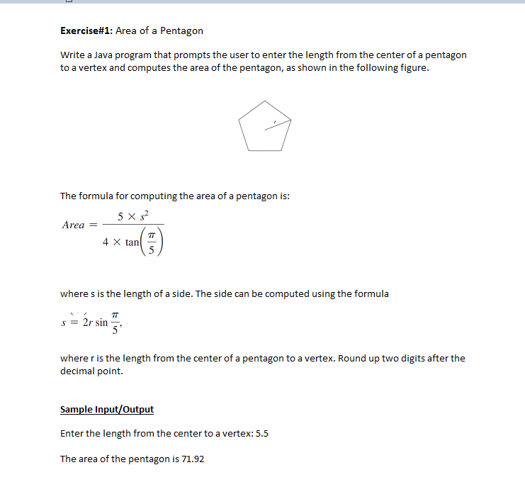 Solved Exercise #1: Area of a Pentagon Write a Java program | Chegg.com
