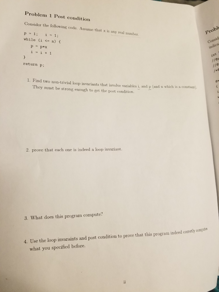 Solved Problem 1 Post condition Consider the following code. | Chegg.com