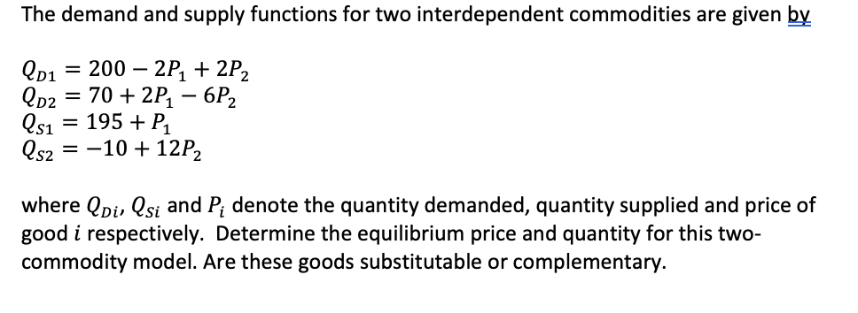 Solved The demand and supply functions for two | Chegg.com