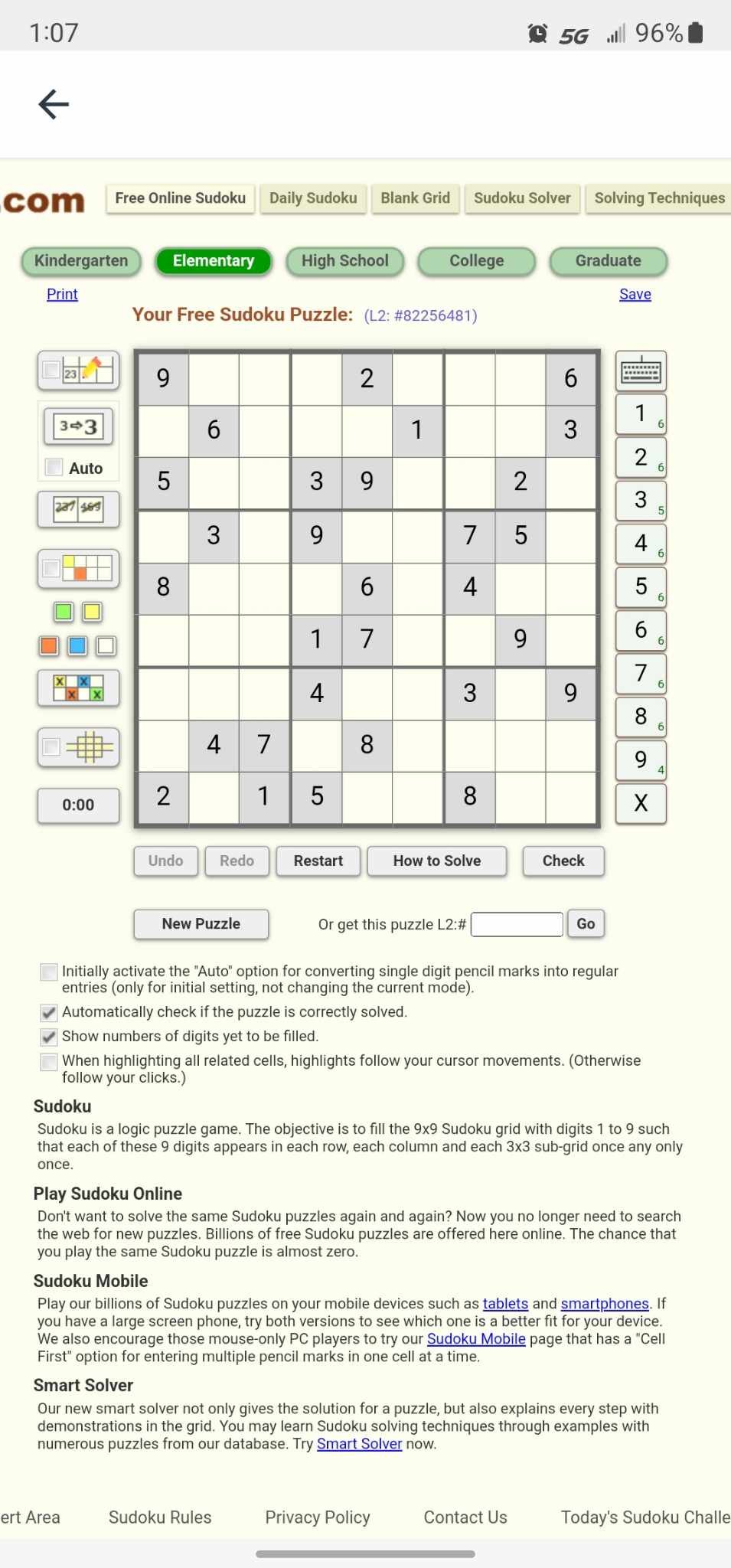 Solved Your Free Sudoku Puzzle: (L2: \\#82256481) Or get | Chegg.com